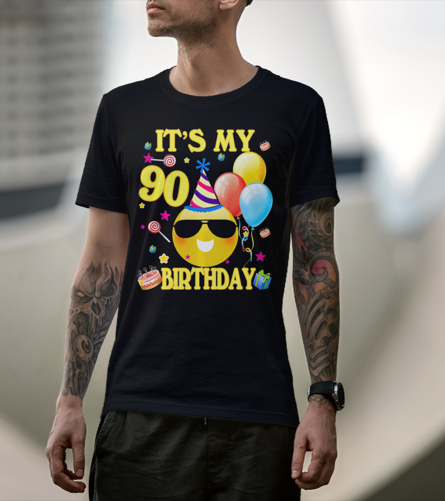 It's My 90 Birthday Cute Emoji Cake Balloons Party Hat T-Shirt