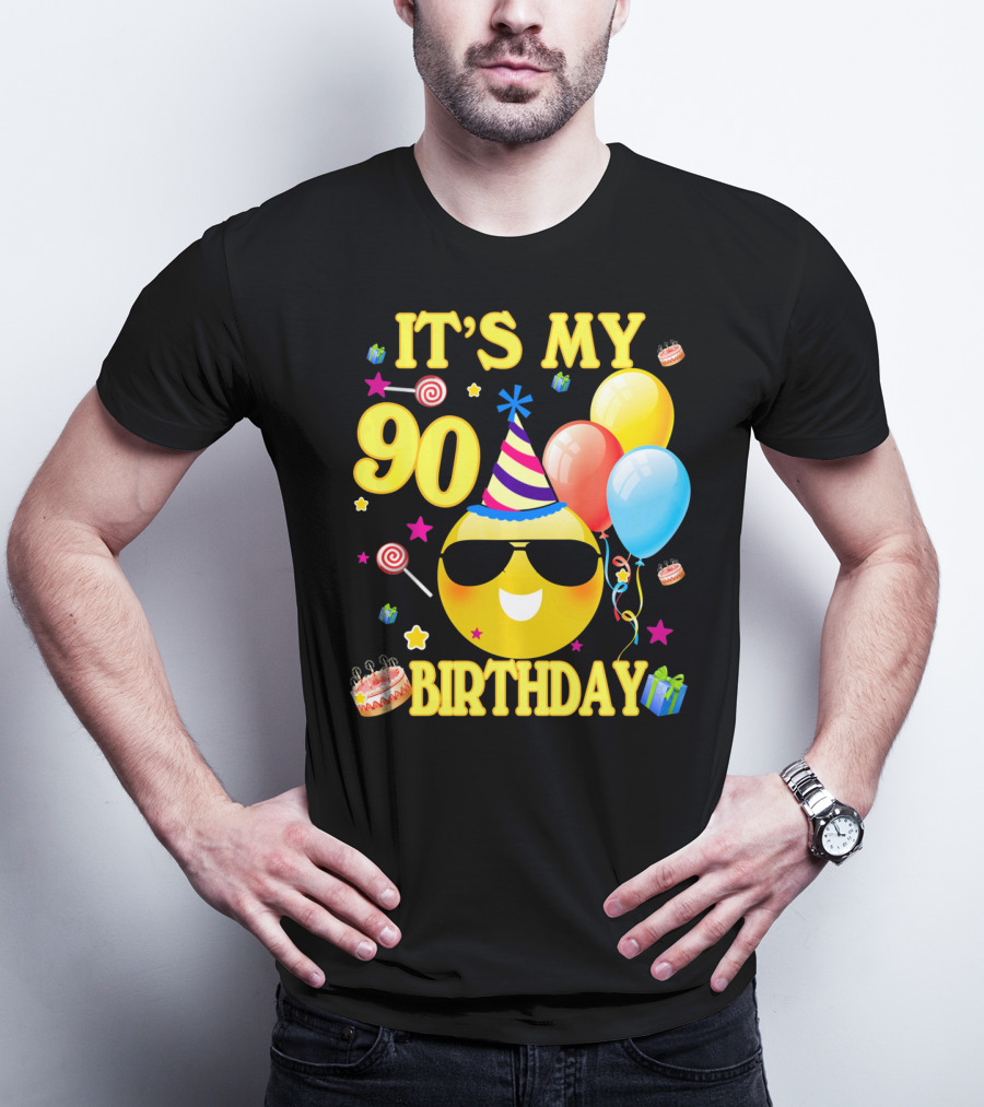 It's My 90 Birthday Cute Emoji Cake Balloons Party Hat T-Shirt