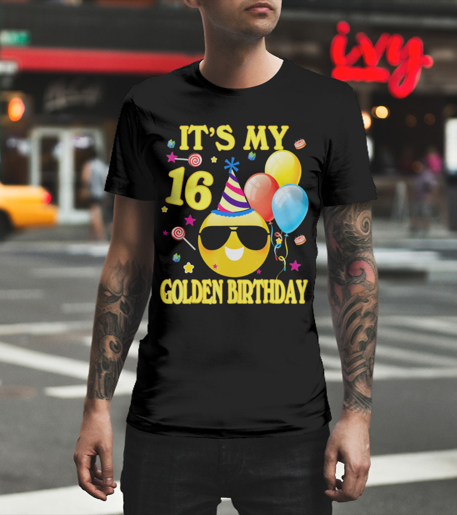It's My 16 Golden Birthday Emoji Balloons Party Hat T-Shirt