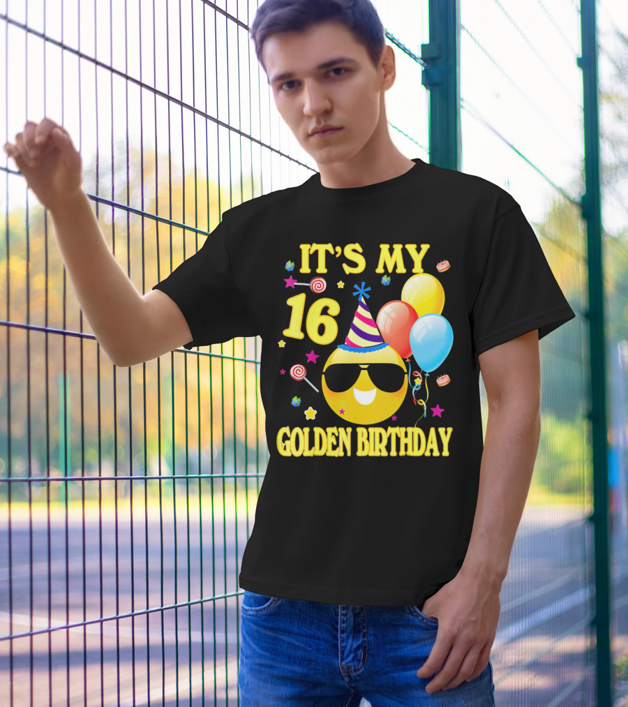 It's My 16 Golden Birthday Emoji Balloons Party Hat T-Shirt