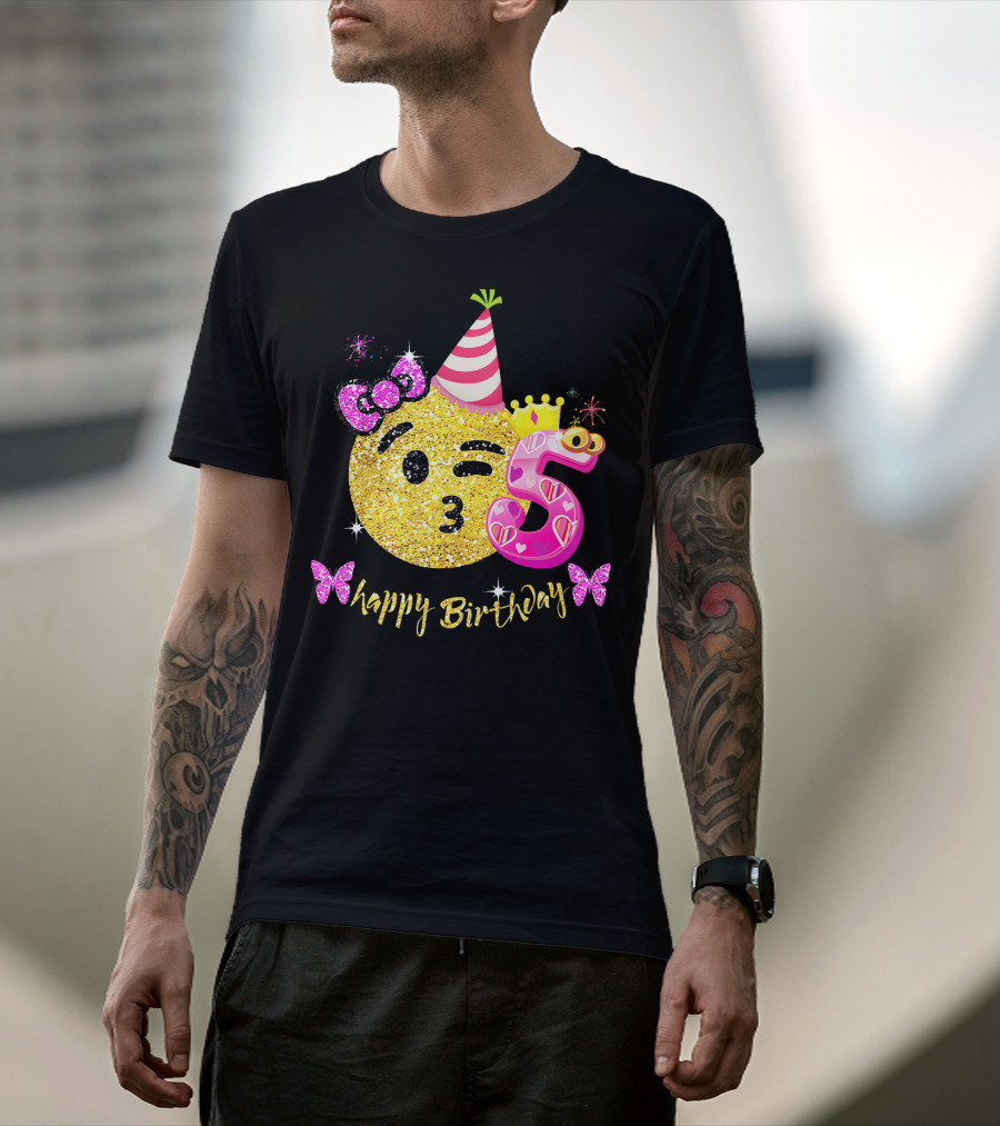 Happy Birthday Five Years Emoji Glitter T-Shirt