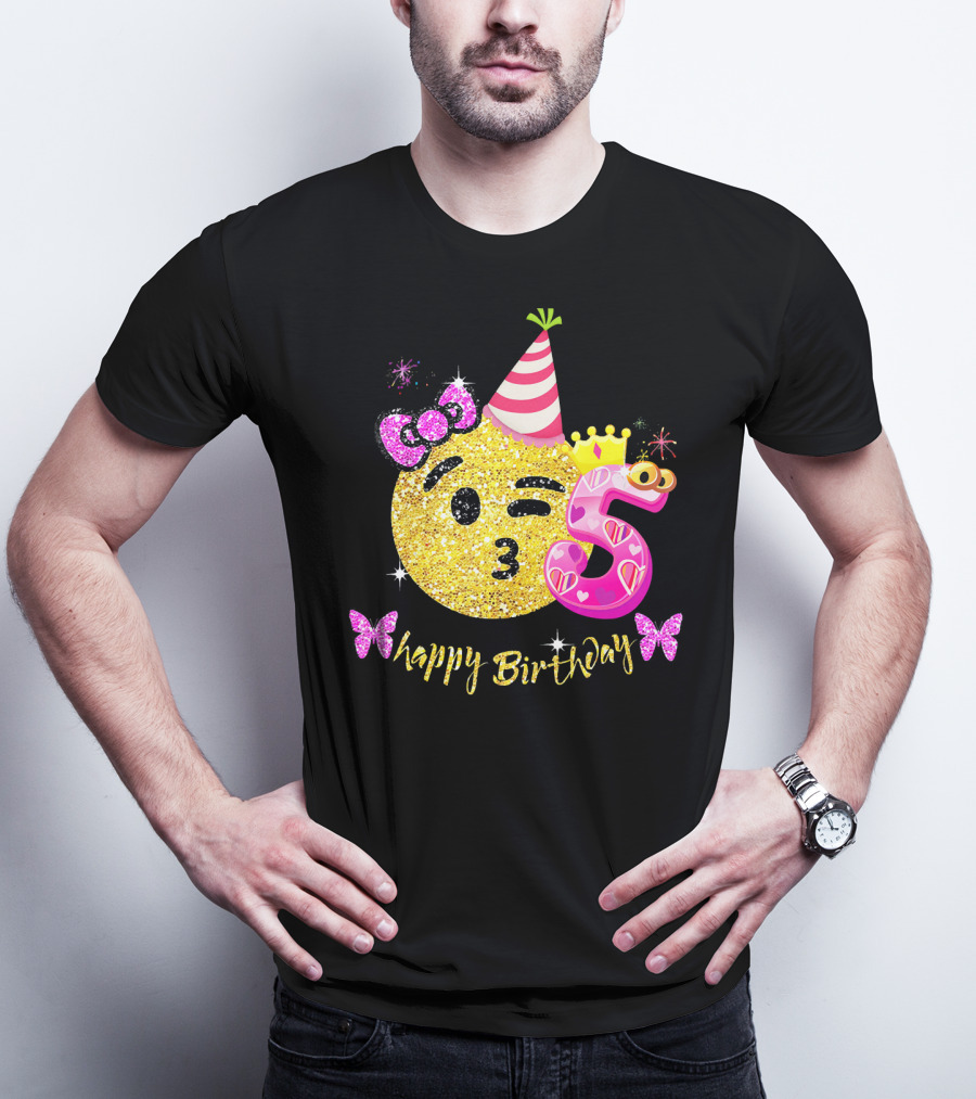 Happy Birthday Five Years Emoji Glitter T-Shirt