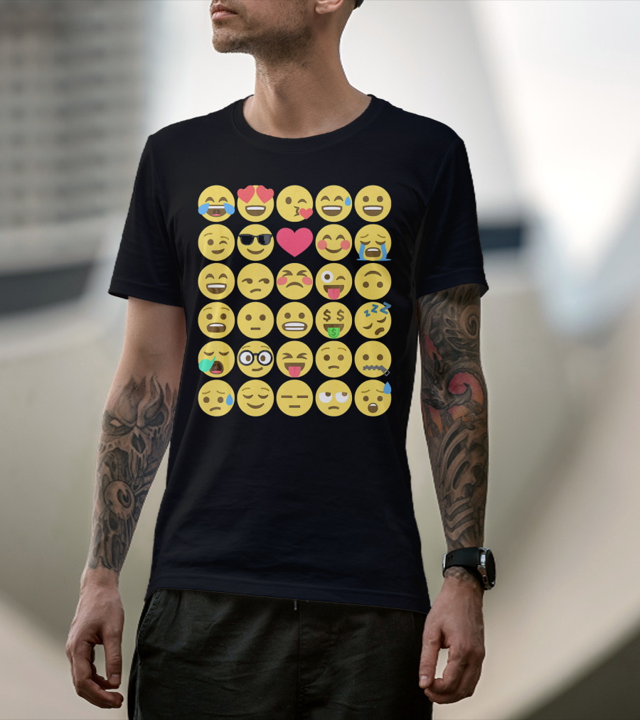Emoji Emoticons Smiley Faces Heart Sunglasses Laughing Crying Stack T-Shirt