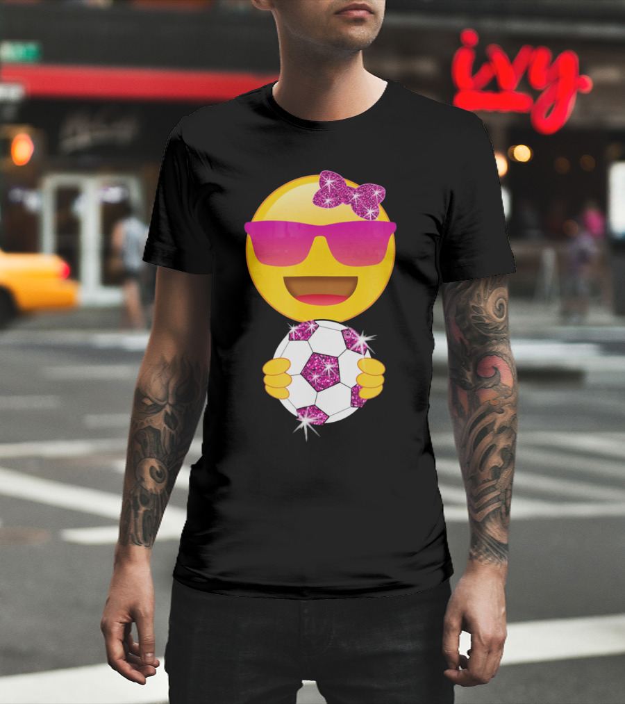 Cute Emoji With Sunglasses Holding A Sparkling Soccer Ball And Glitter Bow T-Shirt