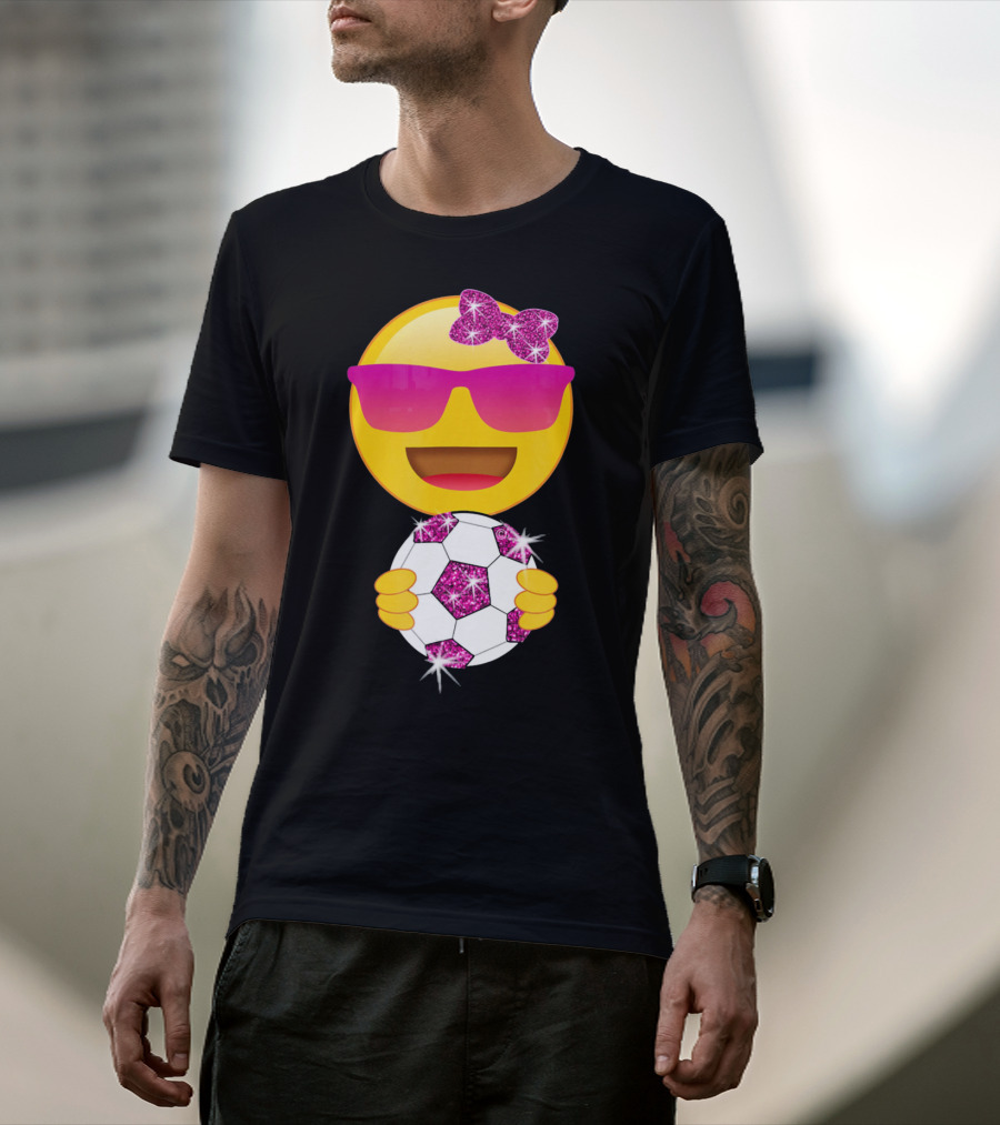 Cute Emoji With Sunglasses Holding A Sparkling Soccer Ball And Glitter Bow T-Shirt