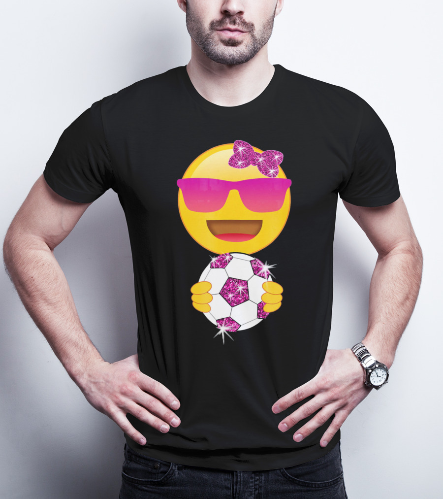 Cute Emoji With Sunglasses Holding A Sparkling Soccer Ball And Glitter Bow T-Shirt