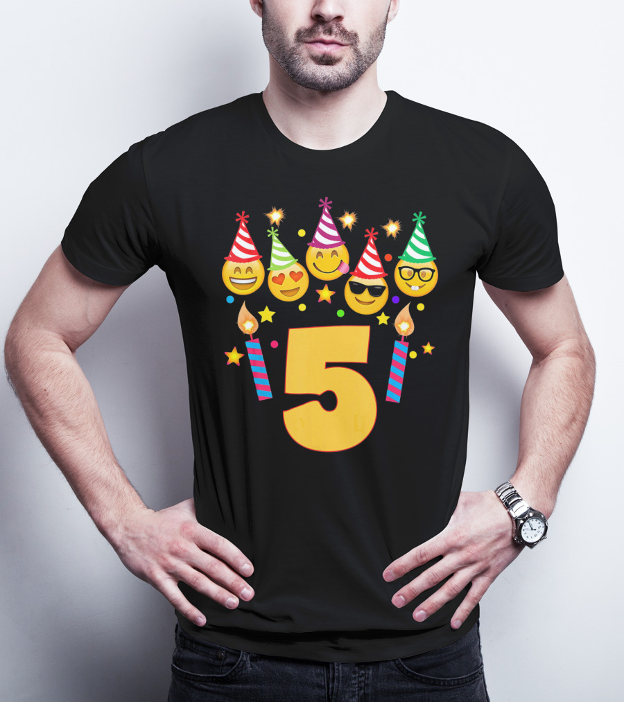 Five Year Old Birthday With Party Emoji Faces And Candles T-Shirt