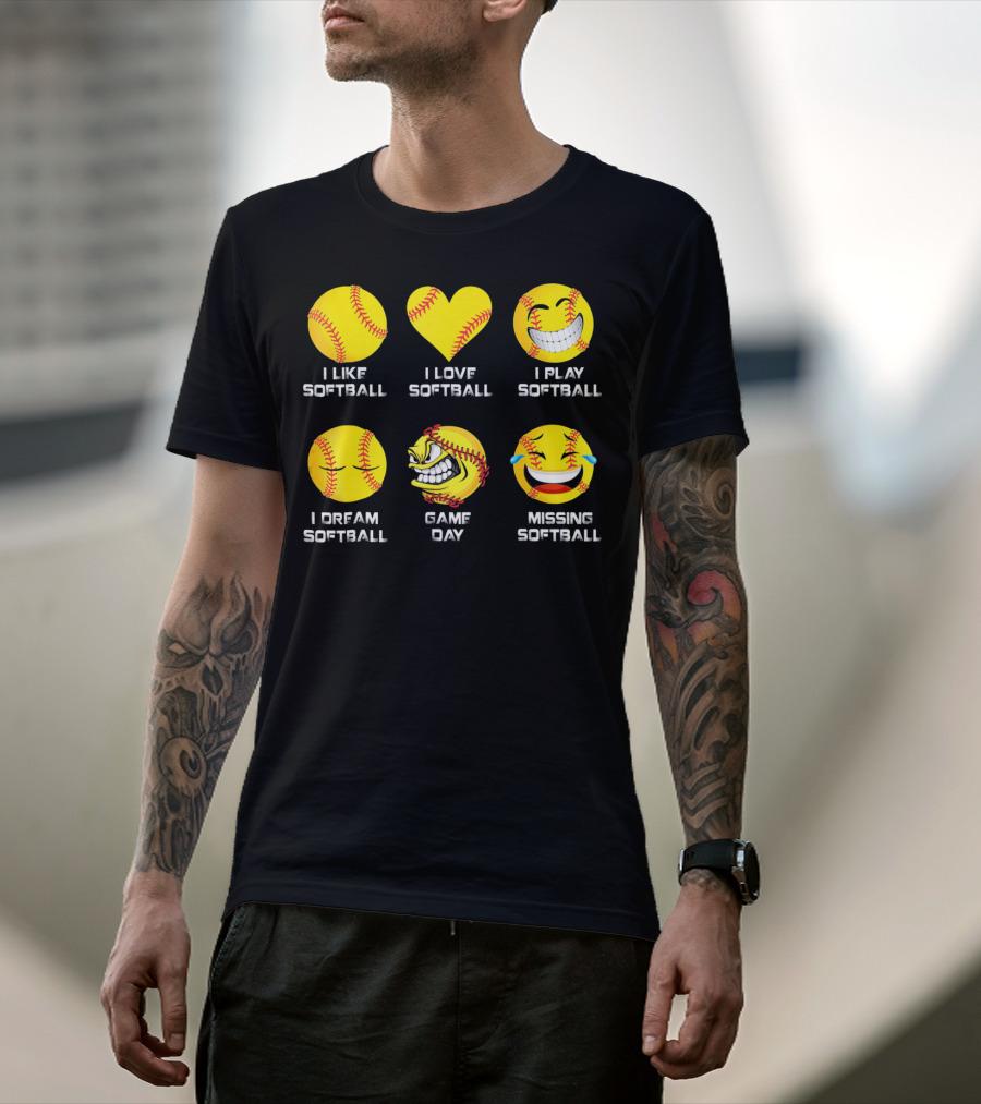 Softball Emoji I Like Love Play Dream Game Day Missing Softball T-Shirt
