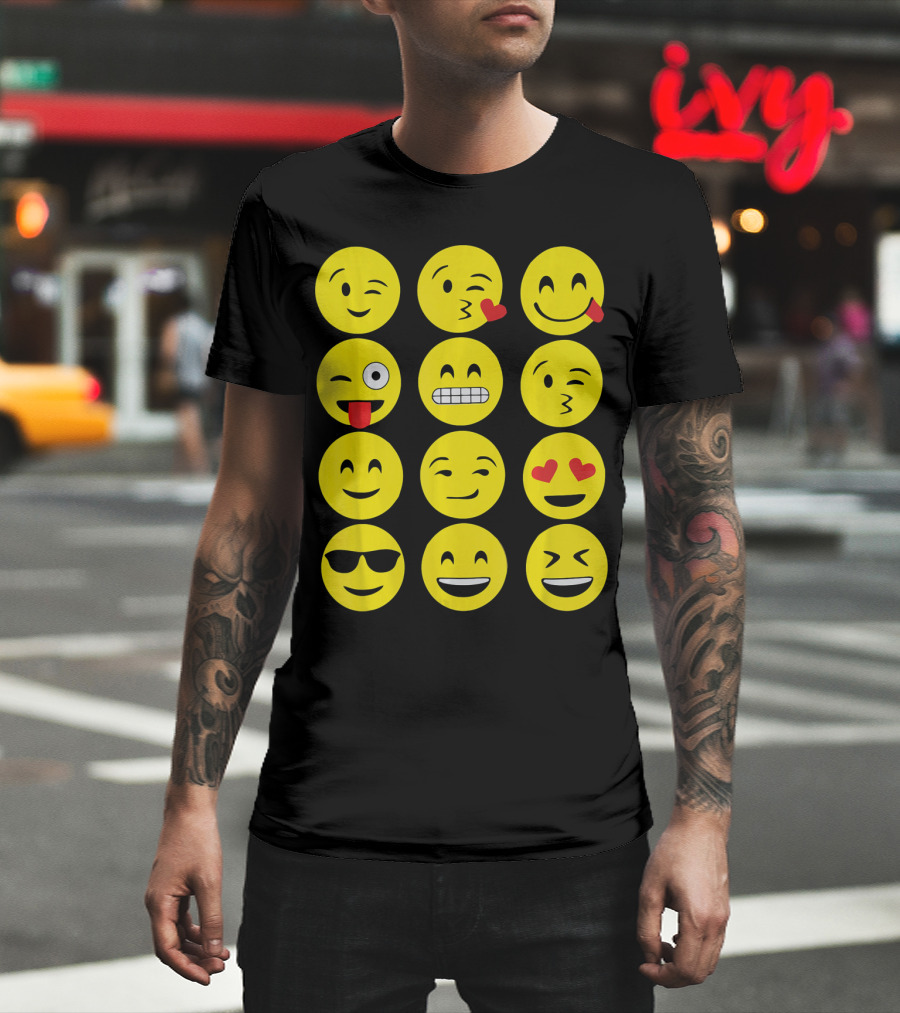 Emojis Funny Emoji Yellow Face Winking Smiling Heart Eyes Sunglasses Expression T-Shirt