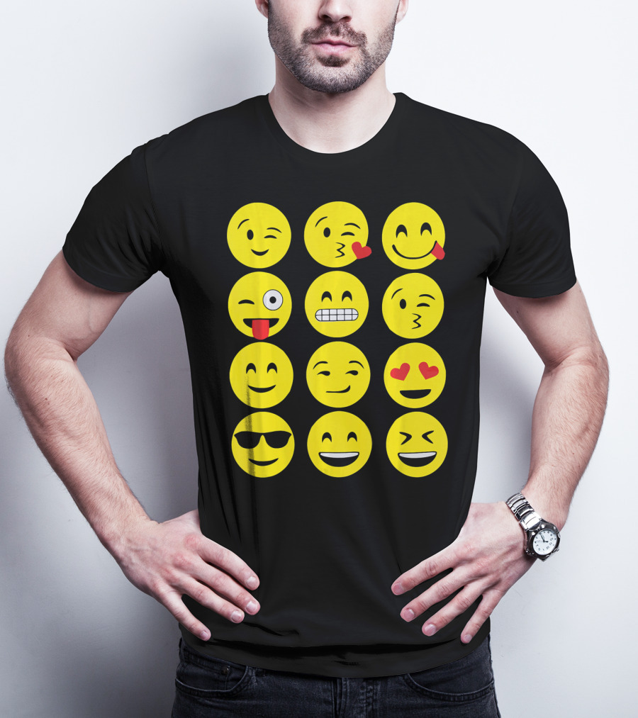Emojis Funny Emoji Yellow Face Winking Smiling Heart Eyes Sunglasses Expression T-Shirt