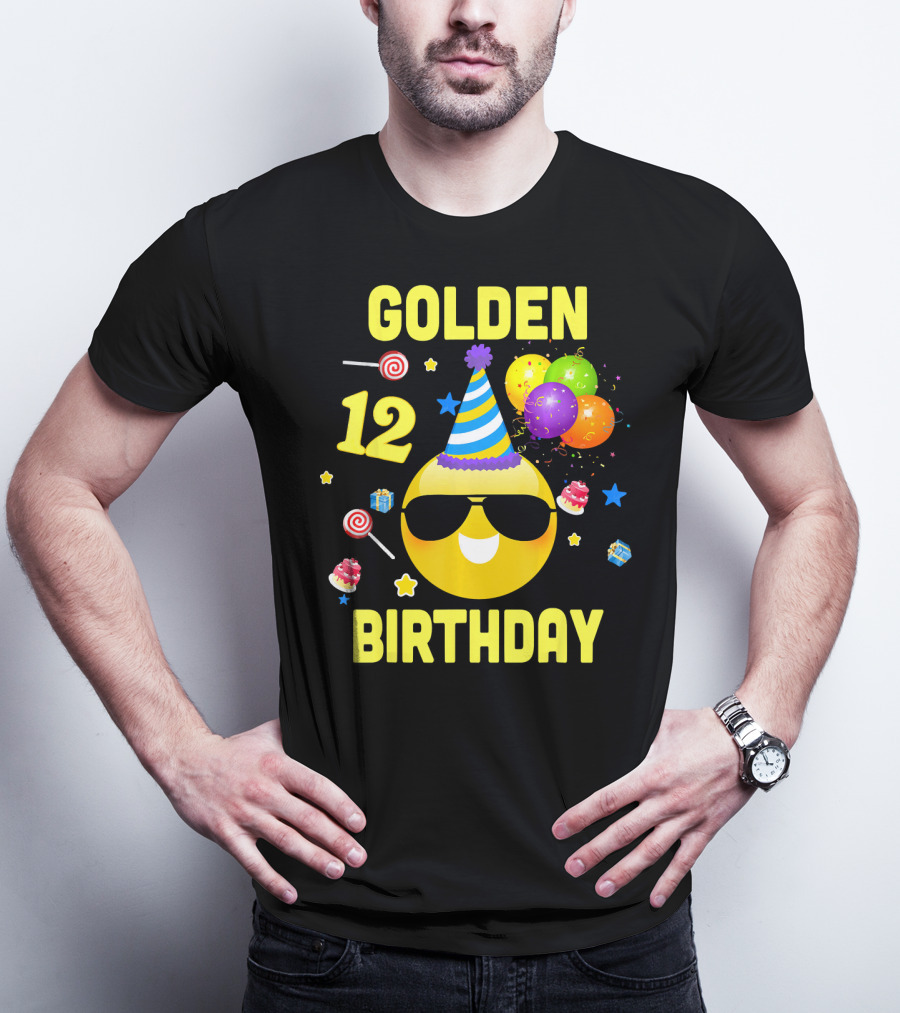 Golden Birthday 12 Emoji Party Hat Sunglasses Balloons Confetti T-Shirt
