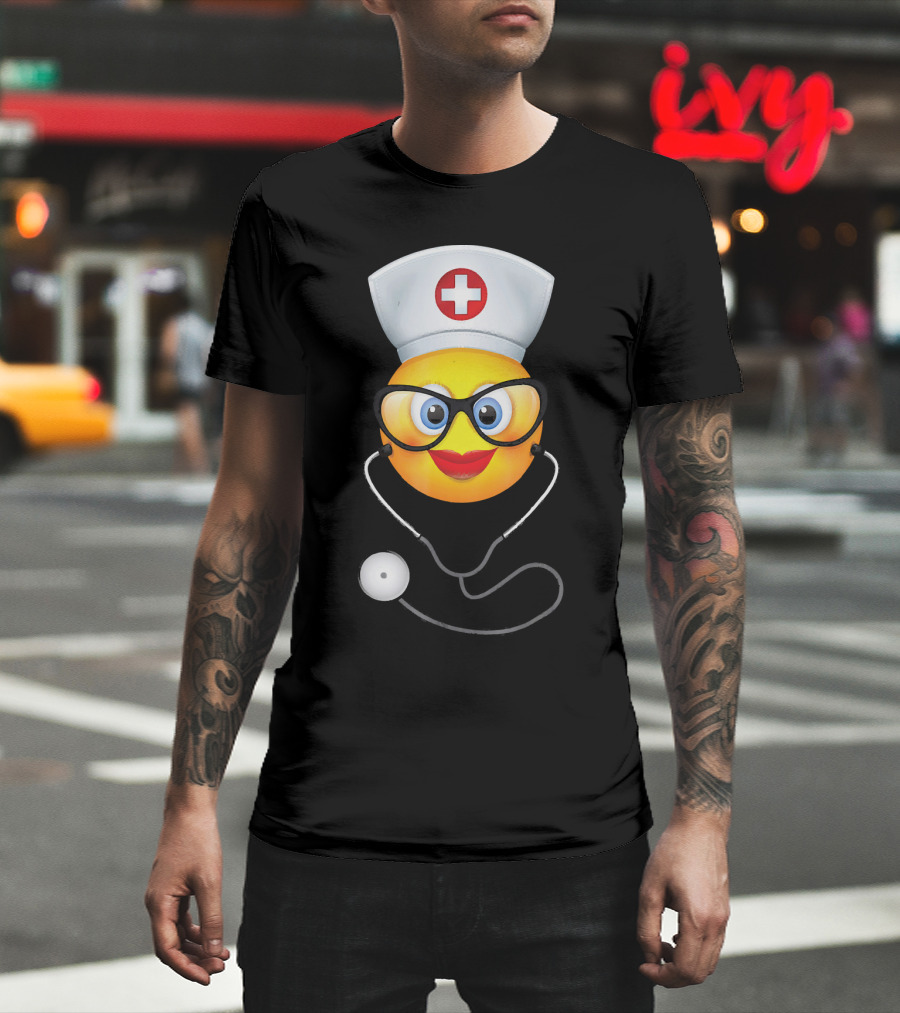 Nurse Halloween Funny Emoji Glasses Stethoscope T-Shirt