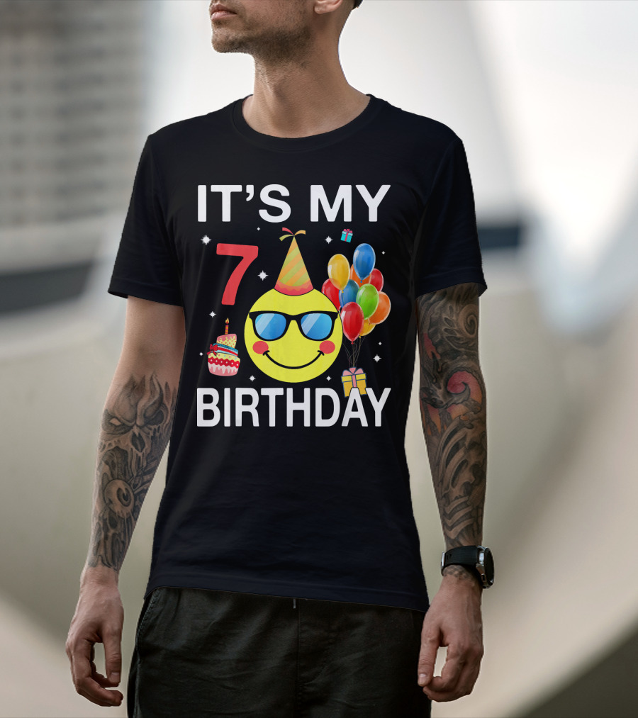 IT'S MY 7 BIRTHDAY Emoji Party Hat Sunglasses Balloons Cake T-Shirt