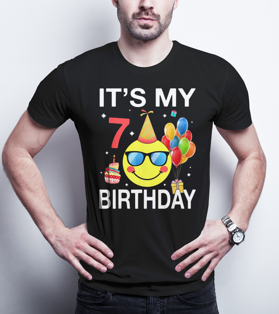IT'S MY 7 BIRTHDAY Emoji Party Hat Sunglasses Balloons Cake T-Shirt