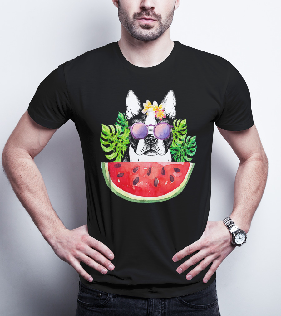 Funny Boston Terrier Love Summer Watermelon Sunglasses Tropical Vibes T-Shirt
