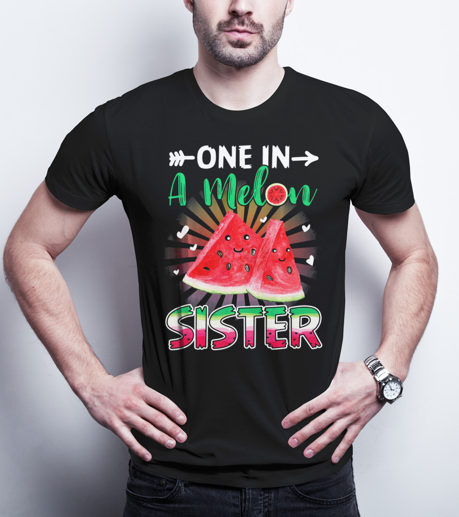 One In A Melon Sister Funny Watermelon With Smiling Slices And Hearts T-Shirt