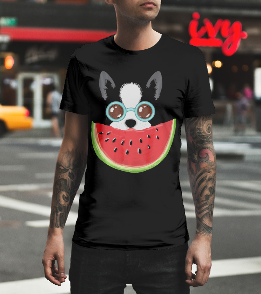 Watermelon Love Funny Boston Terrier With Sunglasses T-Shirt