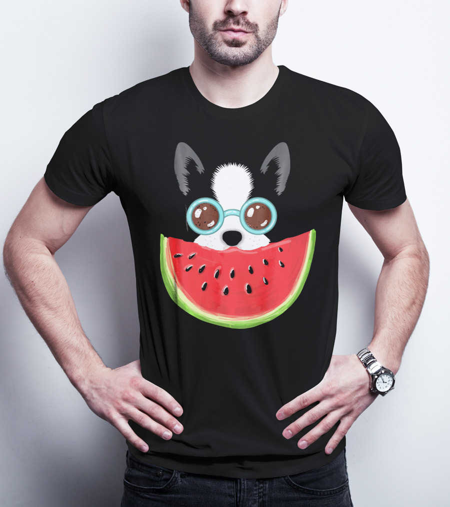 Watermelon Love Funny Boston Terrier With Sunglasses T-Shirt