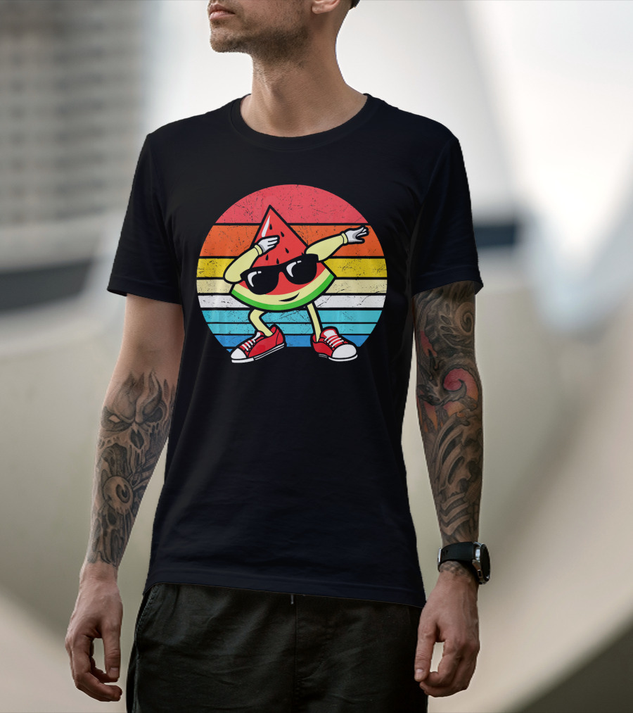 Dabbing Watermelon Vintage Summer Retro Sunset Stripes T-Shirt