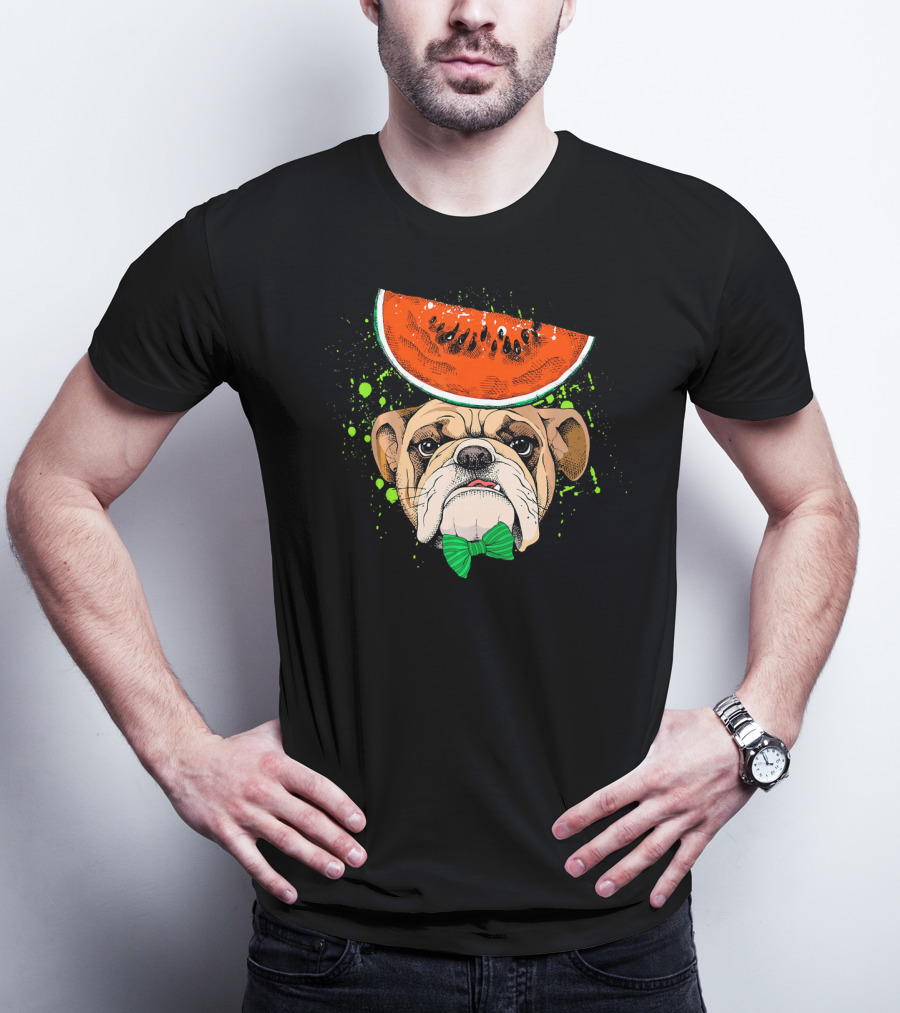 Bulldog Wearing Watermelon Hat With Green Bow Tie T-Shirt