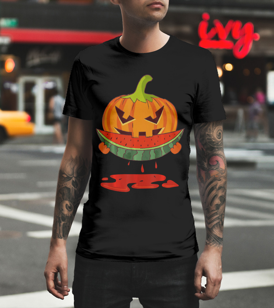 Creepy Pumpkin Devours Juicy Watermelon In Spooky T-Shirt