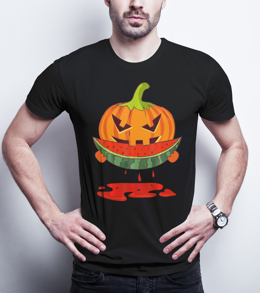 Creepy Pumpkin Devours Juicy Watermelon In Spooky T-Shirt