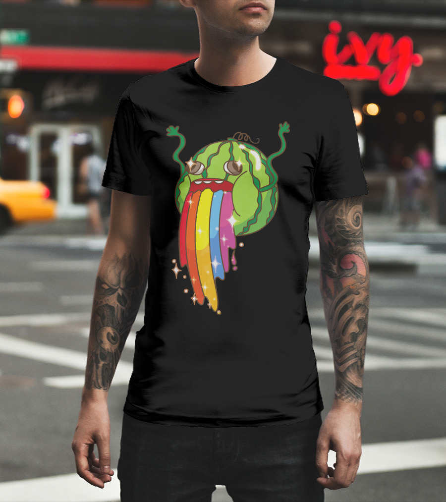 Comic Watermelon Vomits Sparkling Rainbow Streams T-Shirt