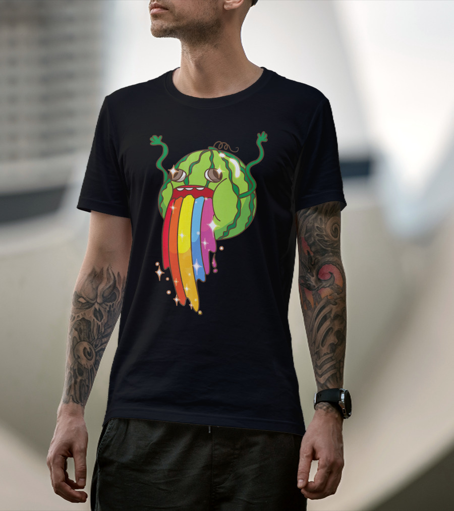 Comic Watermelon Vomits Sparkling Rainbow Streams T-Shirt