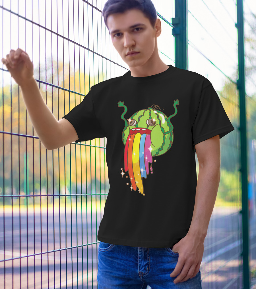 Comic Watermelon Vomits Sparkling Rainbow Streams T-Shirt