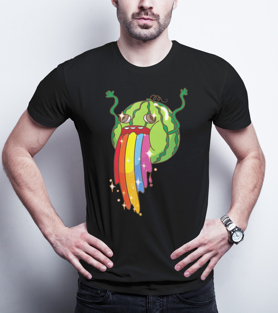 Comic Watermelon Vomits Sparkling Rainbow Streams T-Shirt
