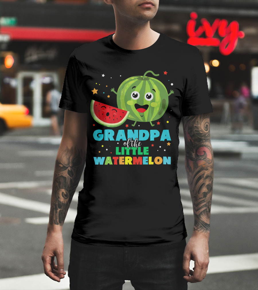 Grandpa Of The Little Watermelon With Happy Cartoon Fruit And Colorful Stars T-Shirt