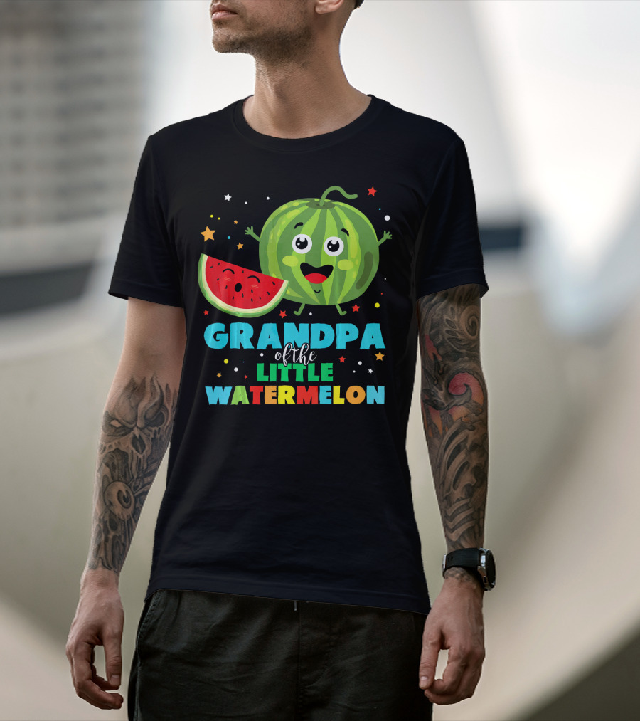 Grandpa Of The Little Watermelon With Happy Cartoon Fruit And Colorful Stars T-Shirt