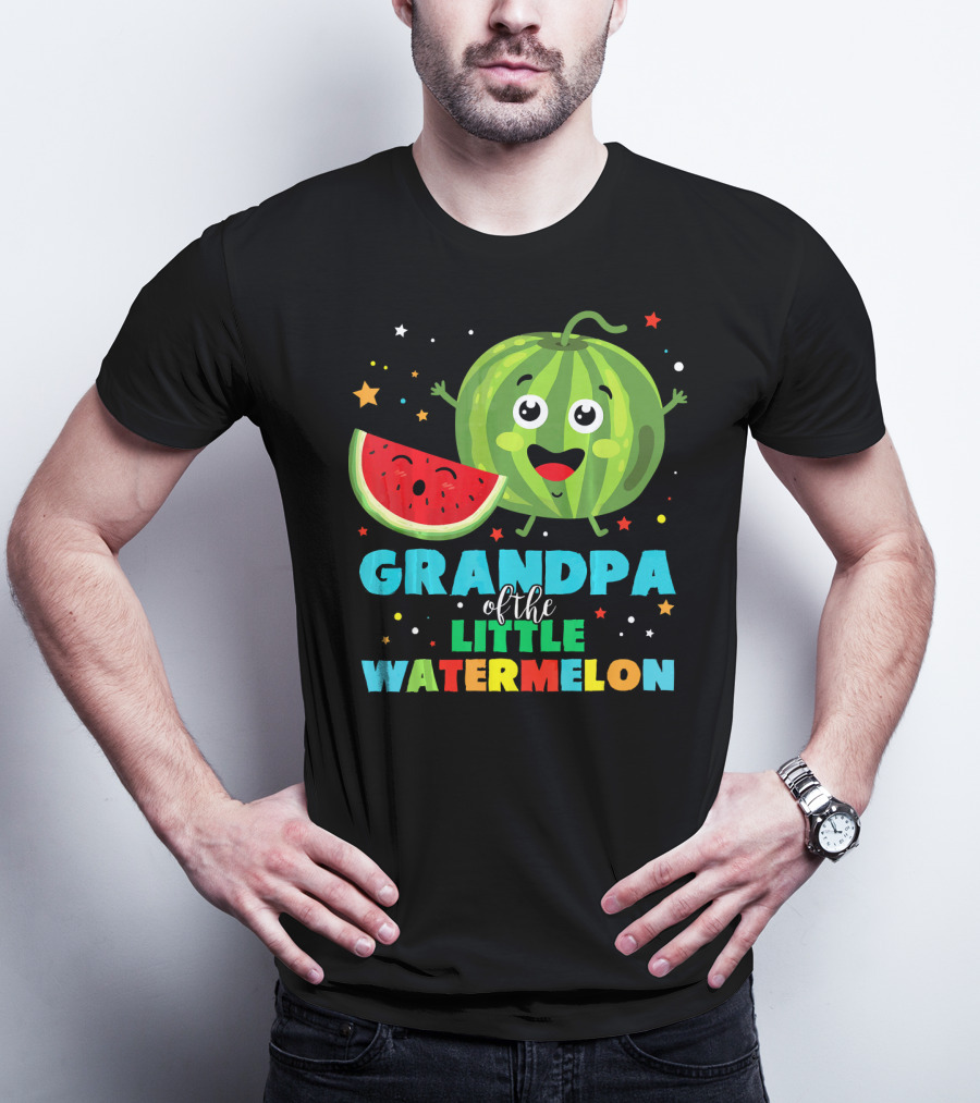 Grandpa Of The Little Watermelon With Happy Cartoon Fruit And Colorful Stars T-Shirt