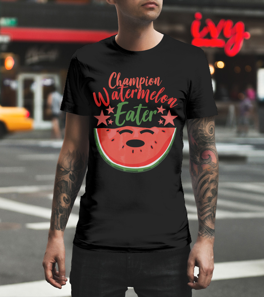 Champion Watermelon Eater 레드와 녹색 별 수박 T-Shirt