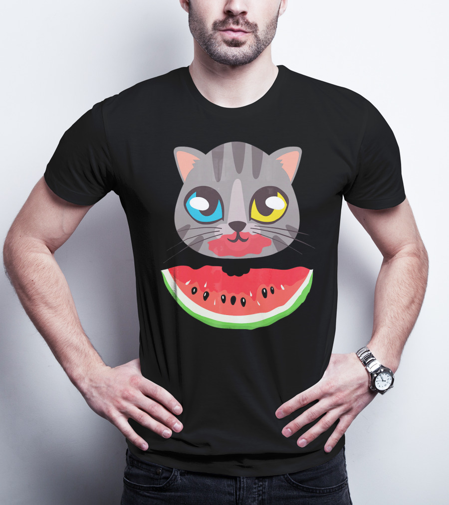 Watermelon Cat Funny Cat With Dual-Colored Eyes And Watermelon Slice T-Shirt