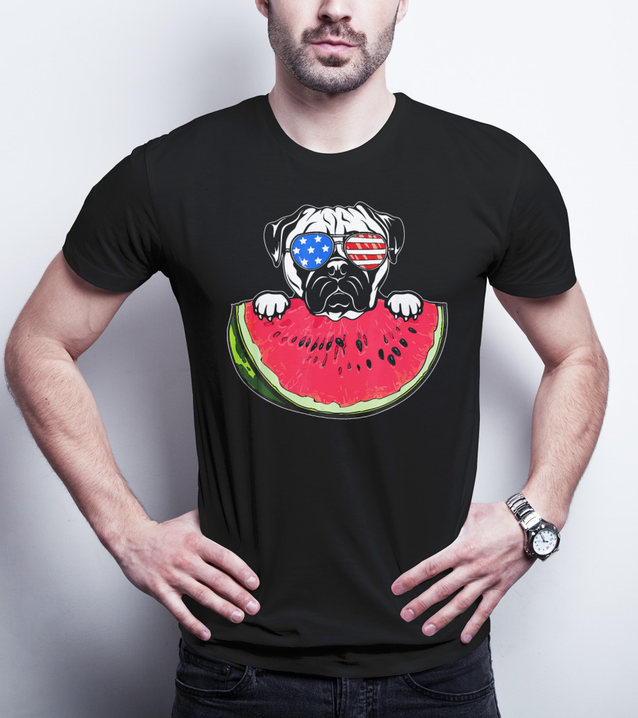 Funny Watermelon Day Pug American Flag Glasses T-Shirt
