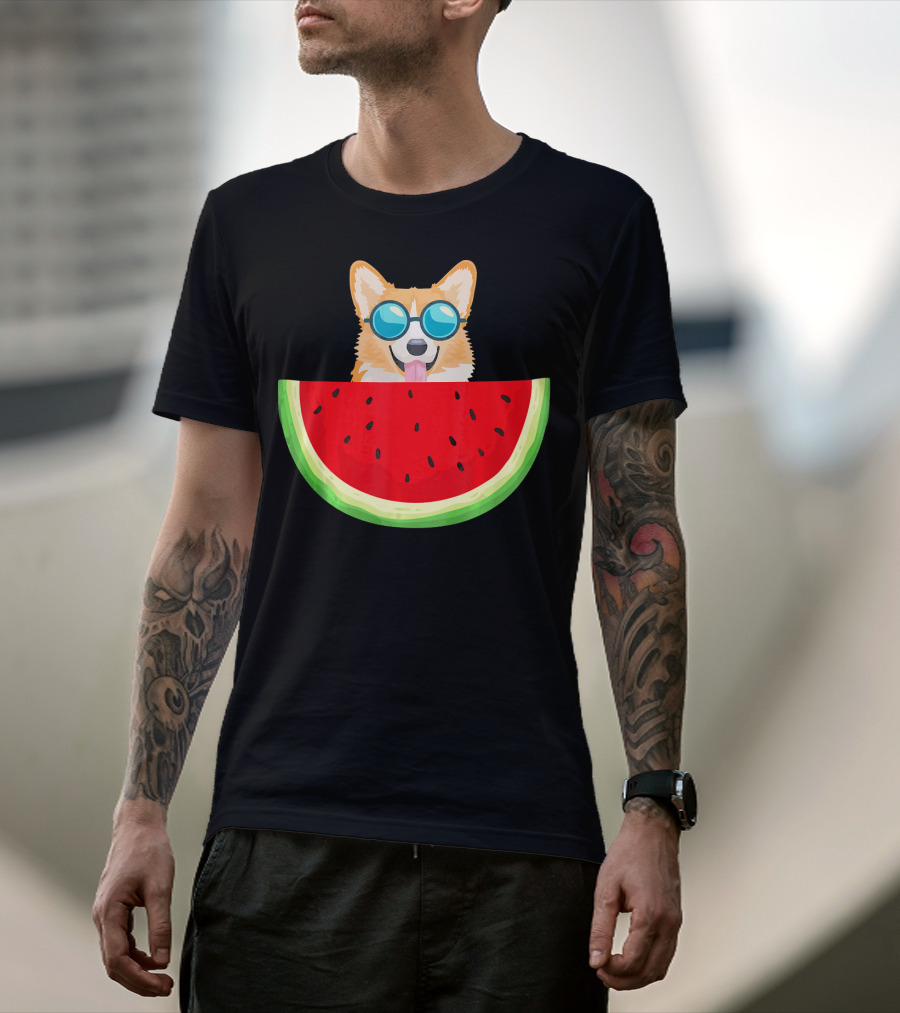 Corgi With Sunglasses And Watermelon Slice Womens T-Shirt