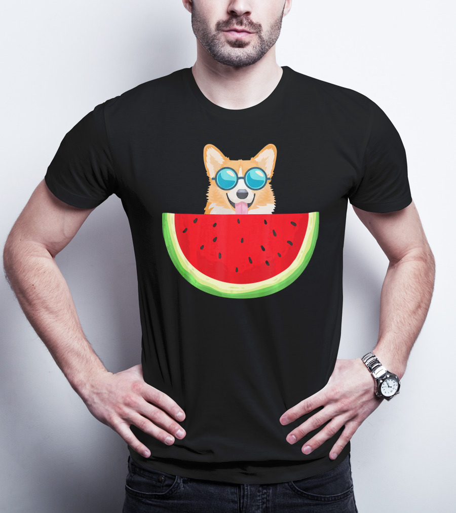 Corgi With Sunglasses And Watermelon Slice Womens T-Shirt