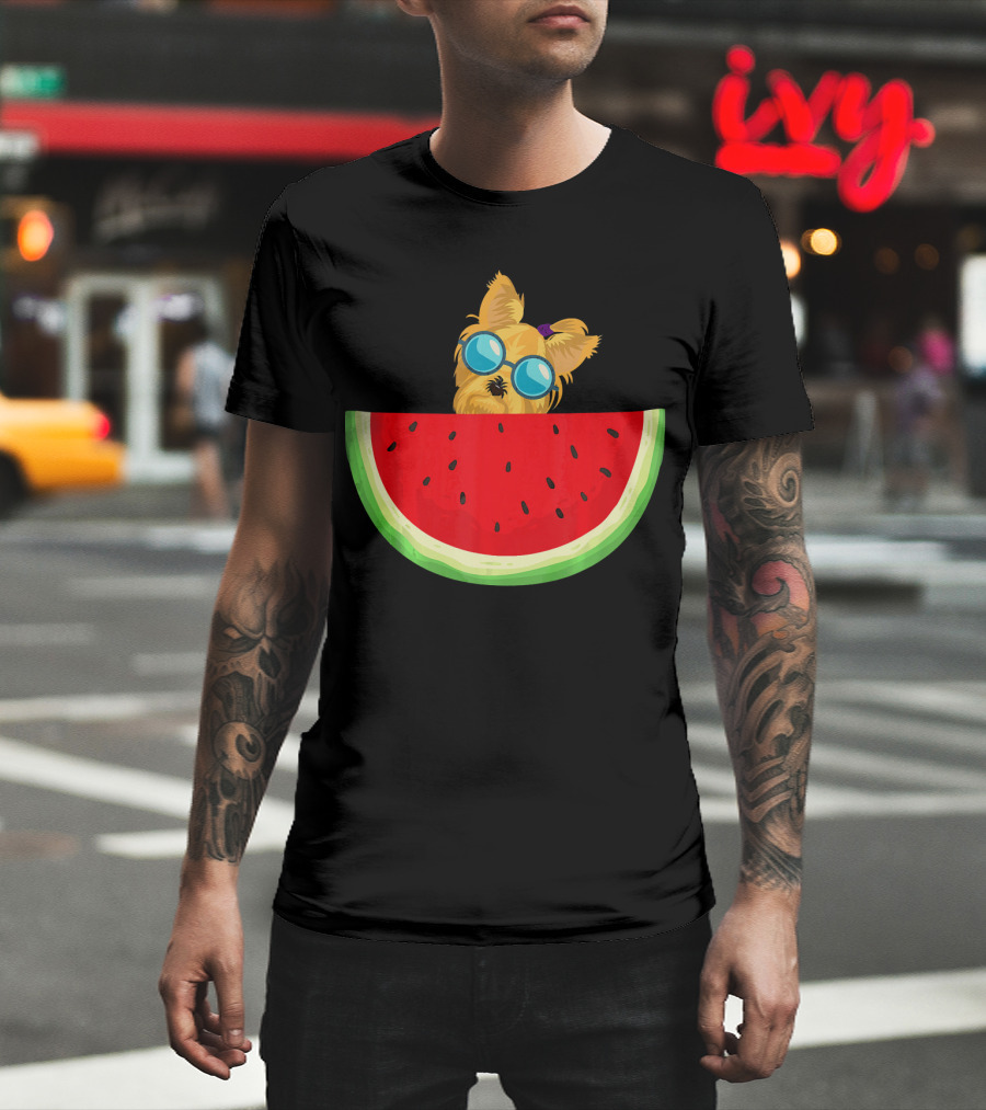 Yorkie Dog With Sunglasses And Watermelon Slice T-Shirt