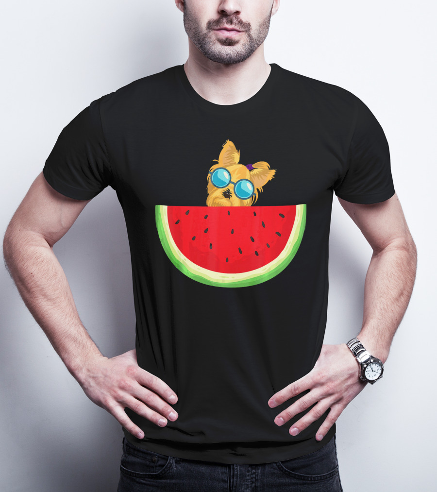 Yorkie Dog With Sunglasses And Watermelon Slice T-Shirt