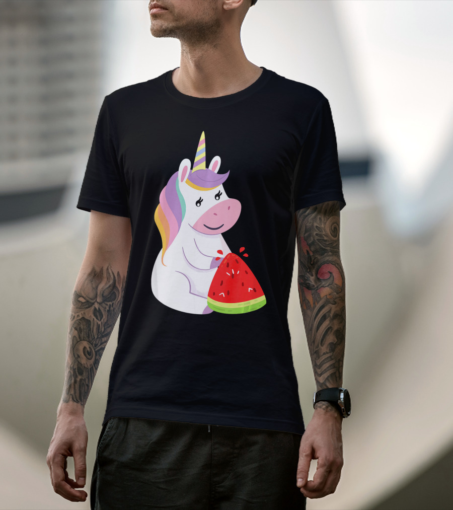 Unicorn Eating Watermelon With Rainbow Mane Novelty T-Shirt