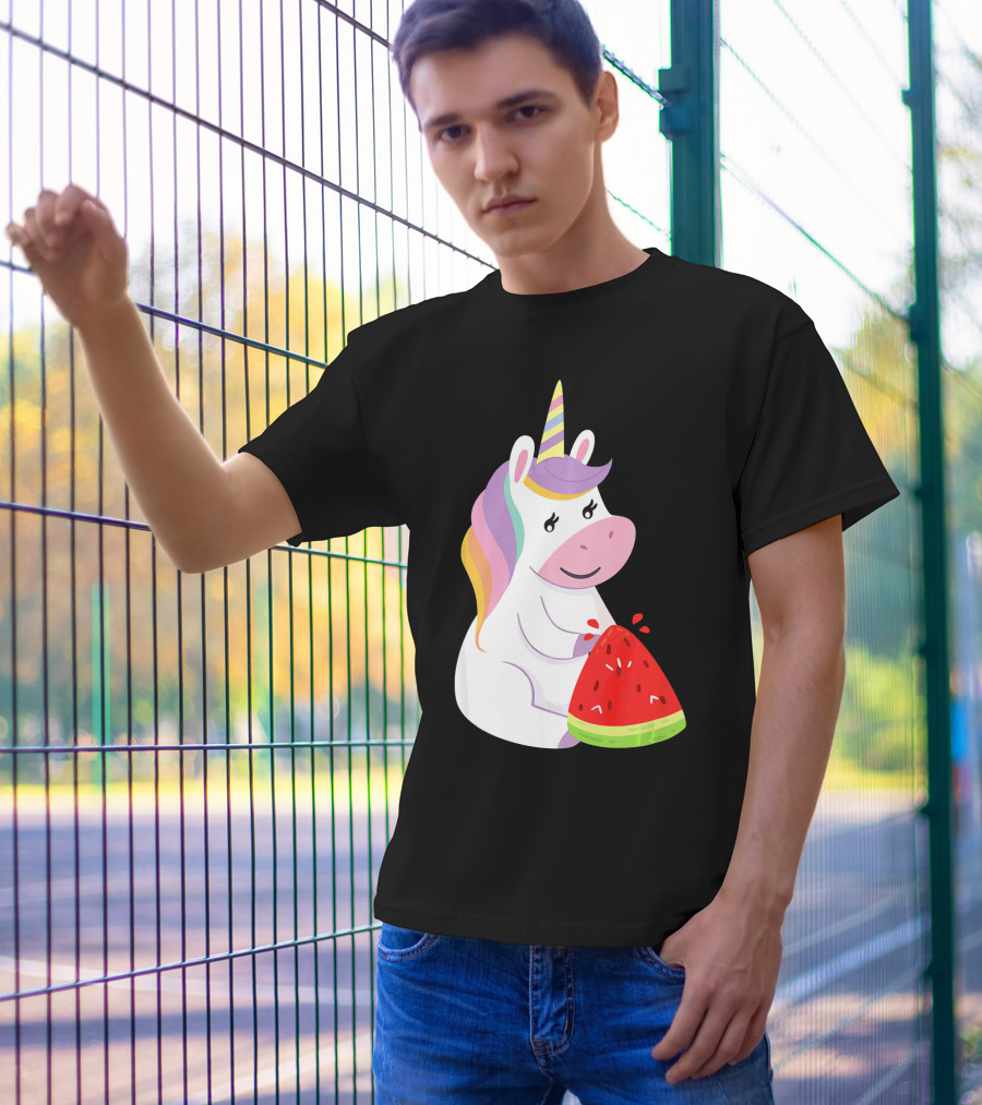 Unicorn Eating Watermelon With Rainbow Mane Novelty T-Shirt