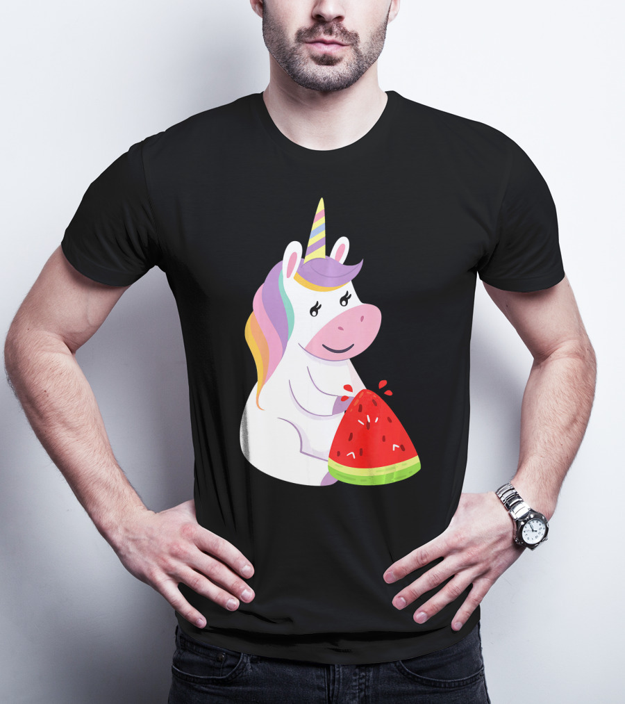 Unicorn Eating Watermelon With Rainbow Mane Novelty T-Shirt