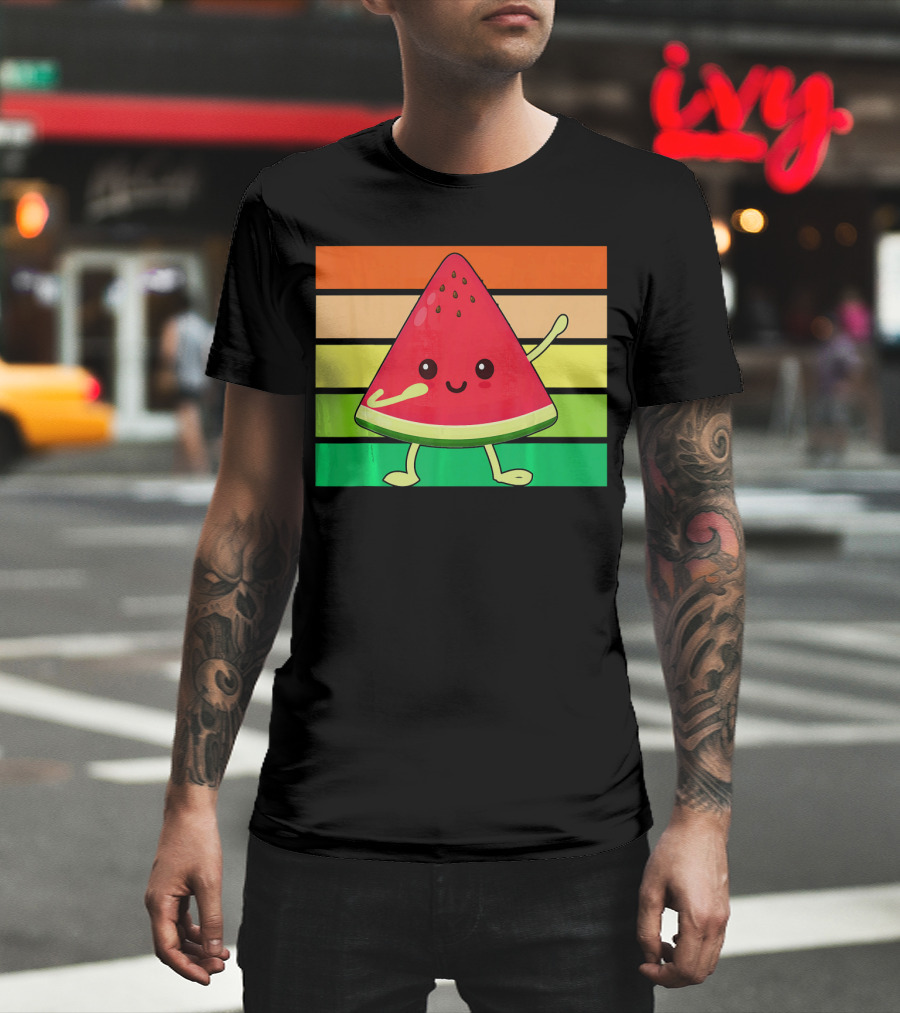 Dabbing Watermelon Retro Rainbow Stripes T-Shirt