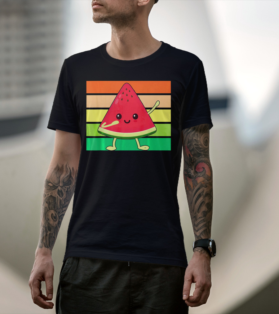 Dabbing Watermelon Retro Rainbow Stripes T-Shirt