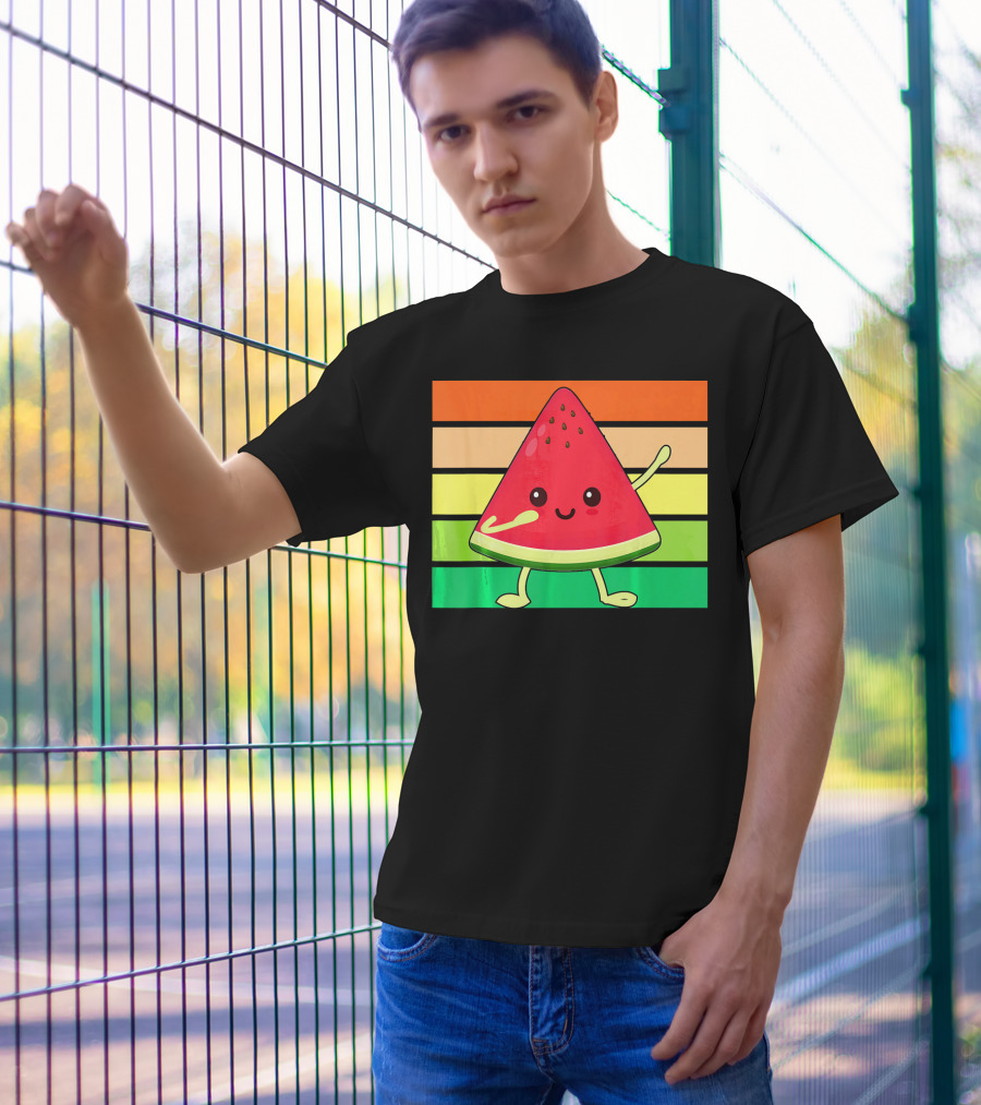 Dabbing Watermelon Retro Rainbow Stripes T-Shirt