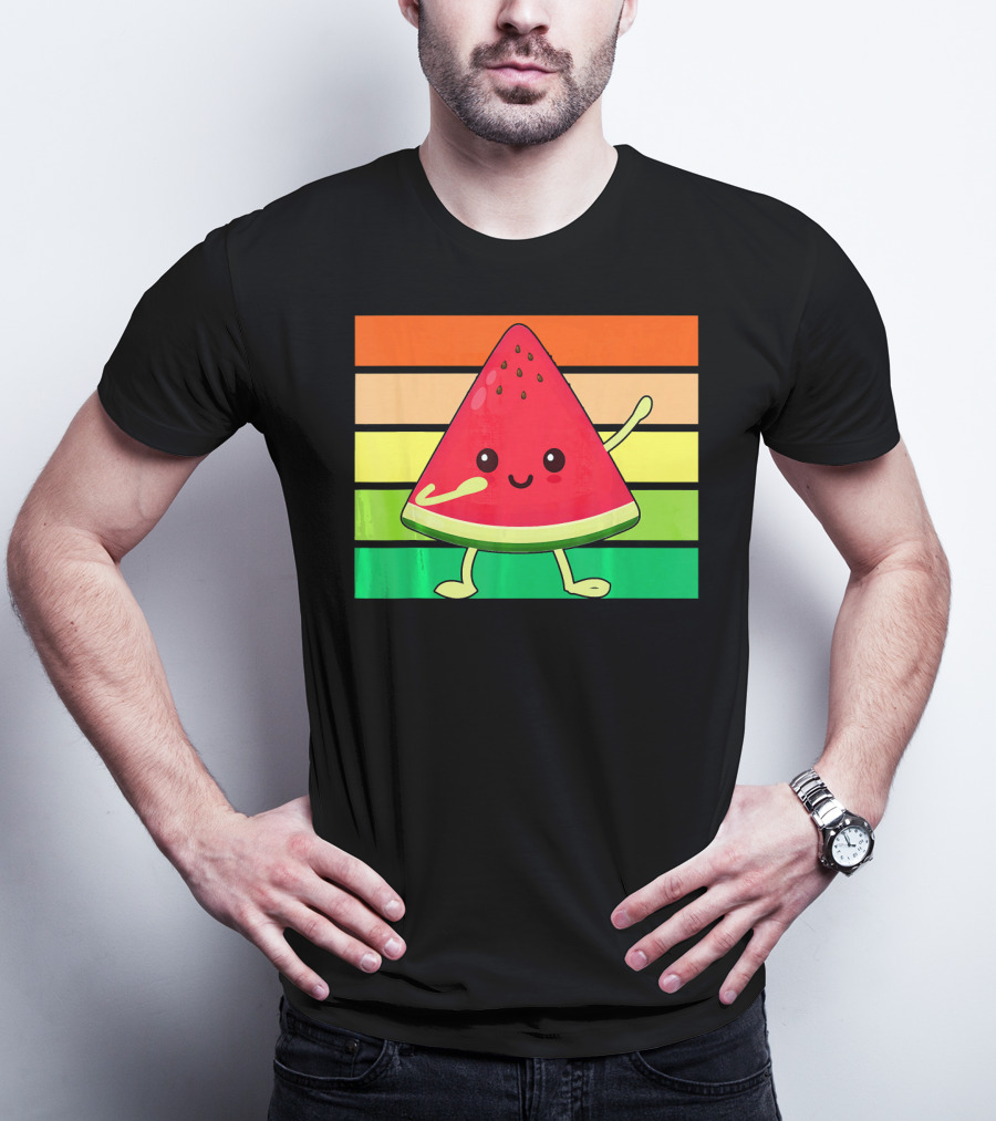 Dabbing Watermelon Retro Rainbow Stripes T-Shirt