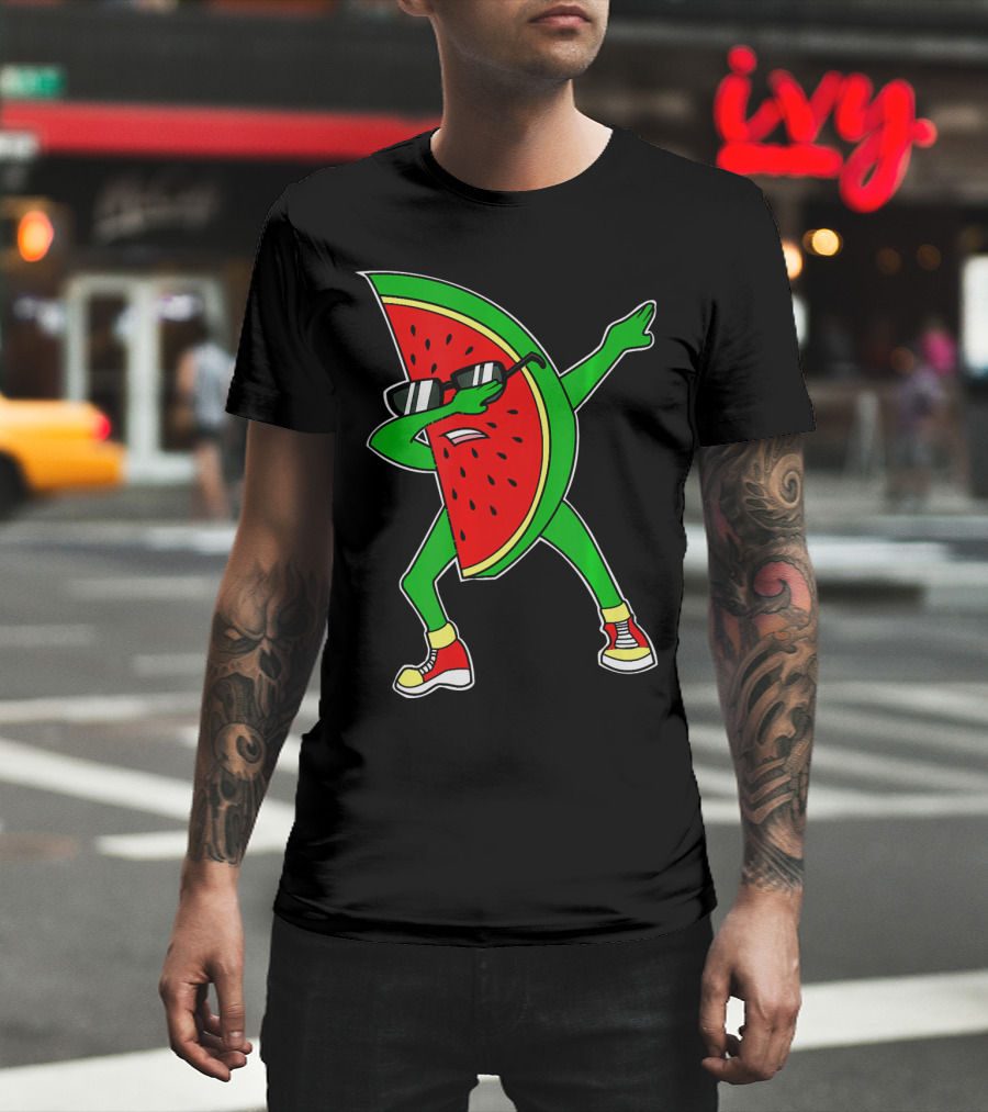 Watermelon Dabbing Wearing Sunglasses And Sneakers T-Shirt
