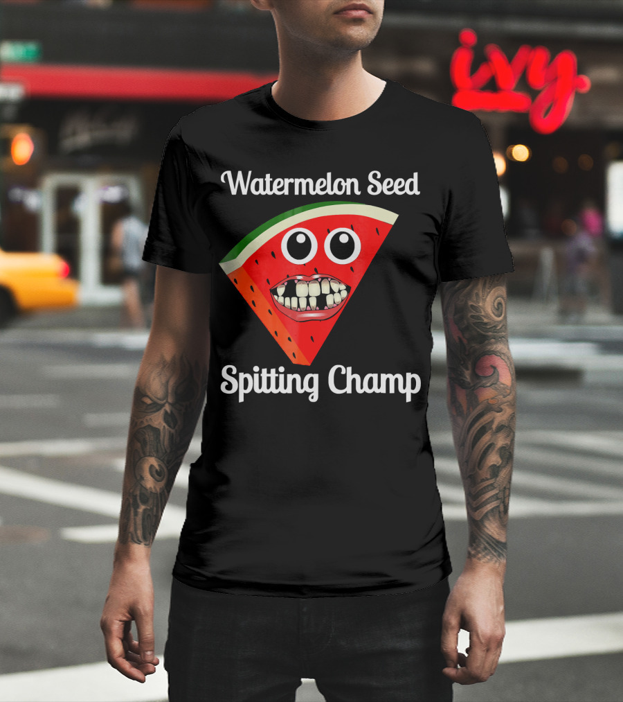 Watermelon Seed Spitting Champ Funny Cartoon Face T-Shirt