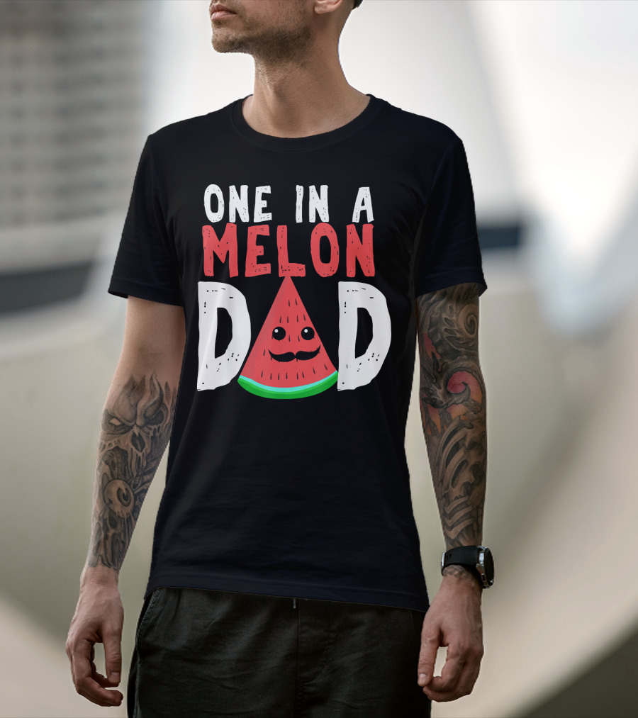 One In A Melon Dad Funny Watermelon Mustache Smiling Block Letters T-Shirt